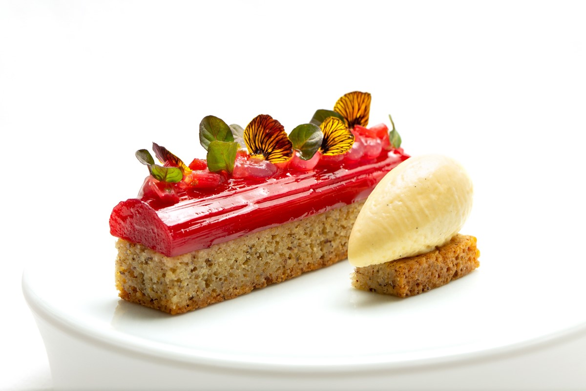 Hibiscus Glazed Poached Rhubarb, Cornmeal Financier with Vanilla Ice ...
